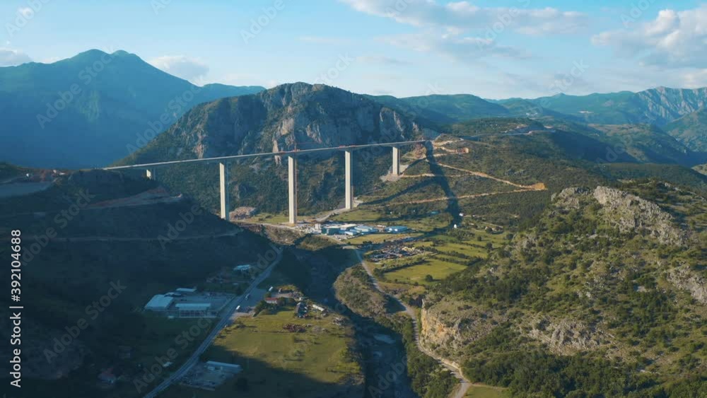 Montenegro. Aerial view of the truss bridge. Drone flying over the Mala ...