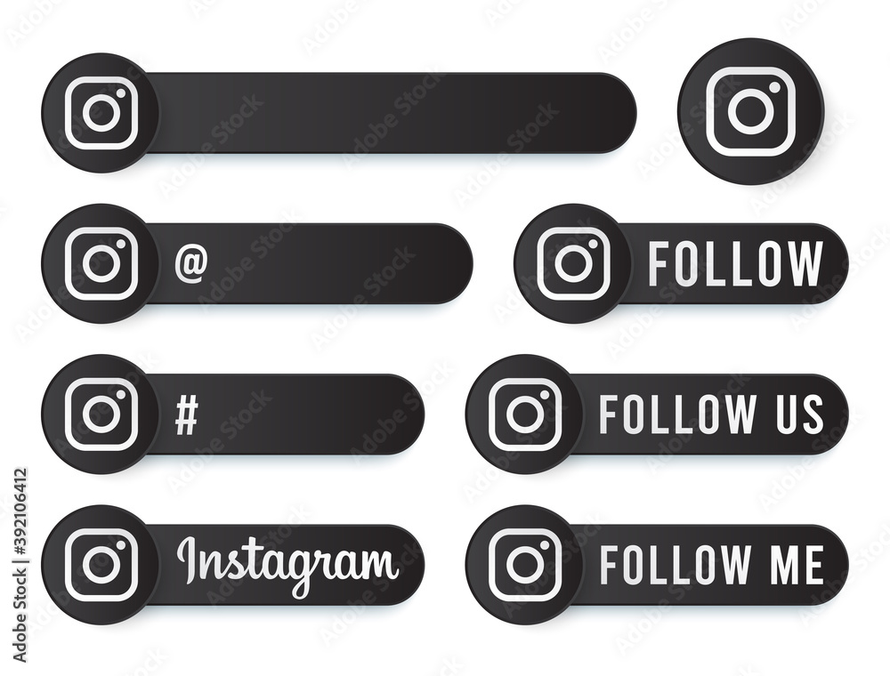 Instagram Buttons Collection with White Logo. Black Social Media Tags ...