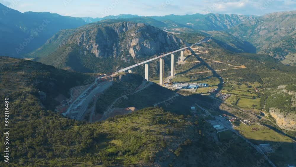 Montenegro. Aerial view of the truss bridge. Drone flying over the Mala ...