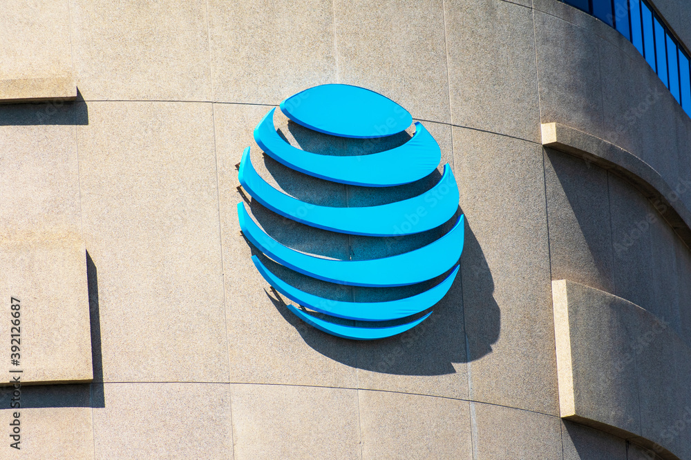 ATT logo is displayed on the facade of telecommunication company office ...