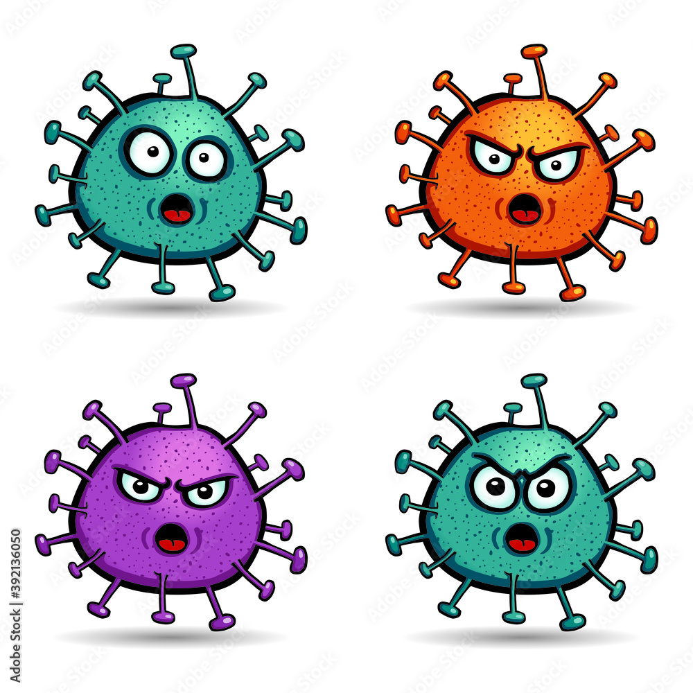 Set of colorful virus characters in cartoon style, with several facial ...