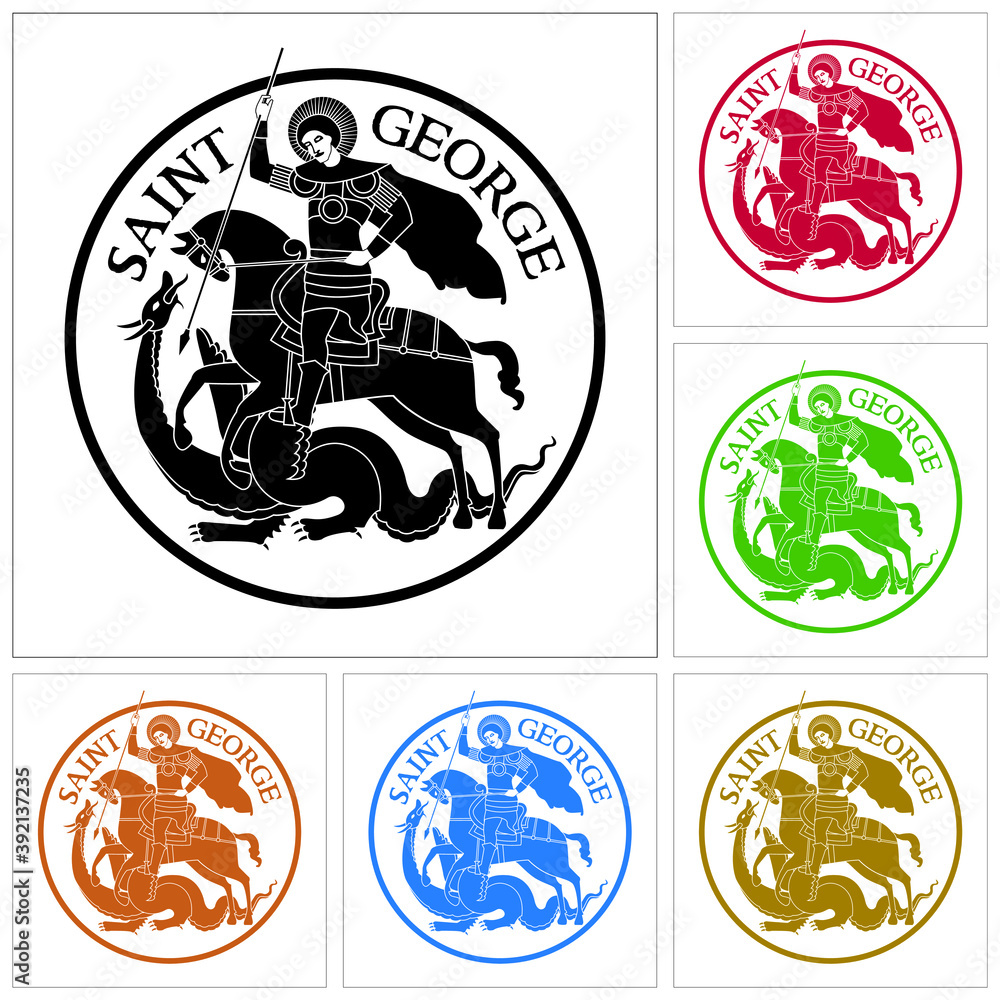 Set of colorful drawings of Saint George riding a horse and fighting ...