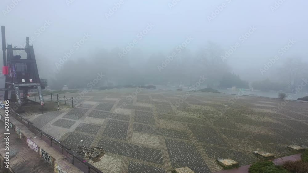 Aerial View, Spooky Foggy Stalin Plaza and Metronome at Letna Park ...