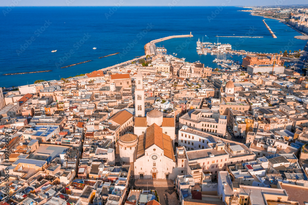 Aerial view of Bari old town. View of the Bari Cathedral (Saint Sabino ...