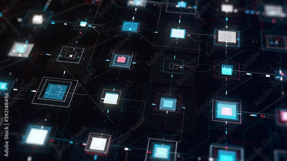 High tech computer circuit board with many signals flowing fast on ...