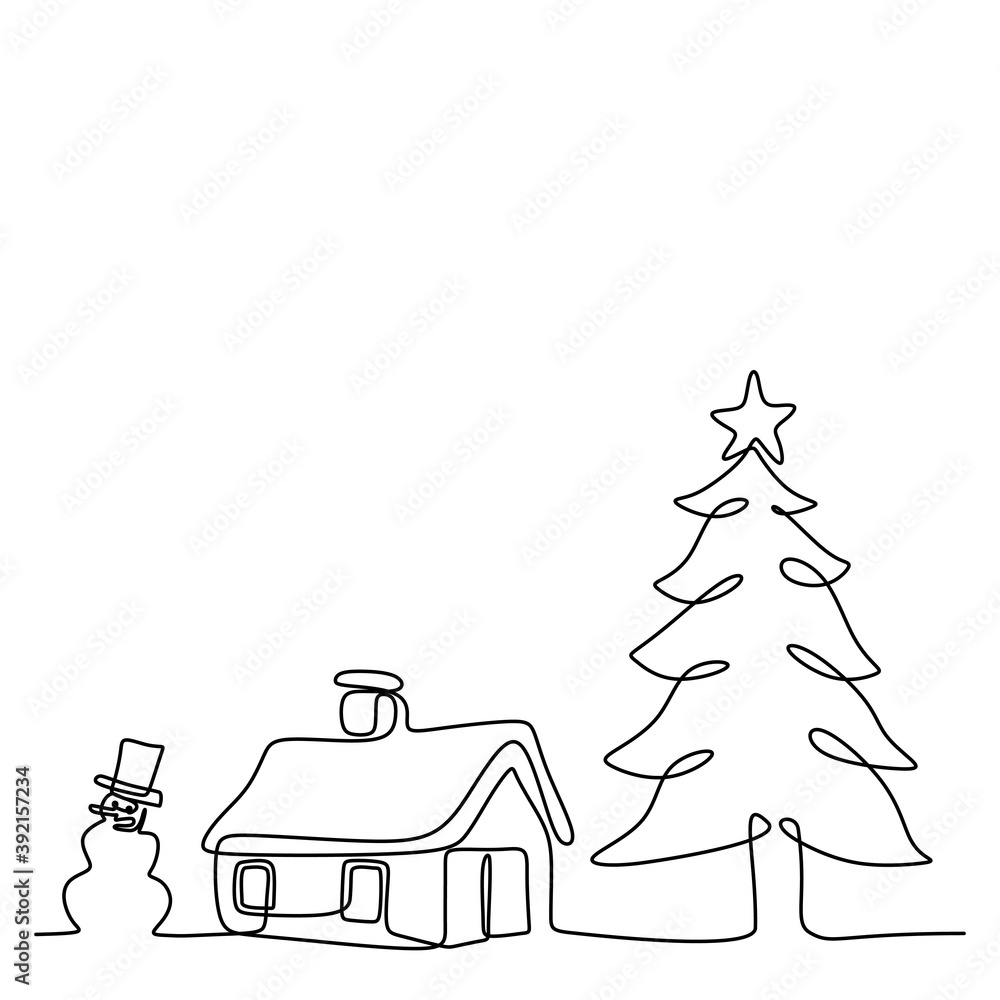 Continuous one line drawing of winter in the village with christmas ...