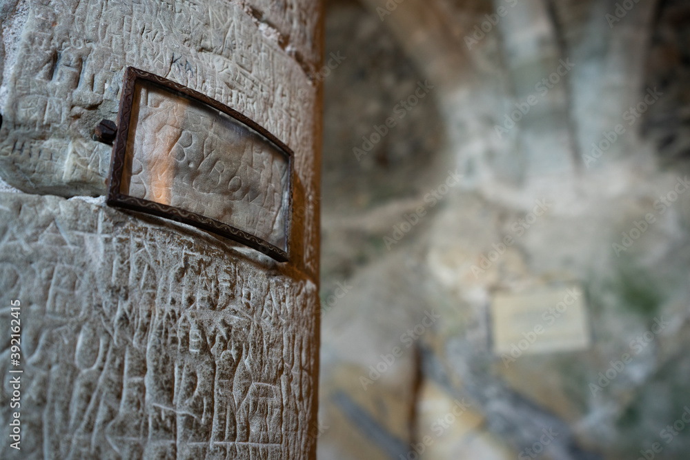 200 years old carved signature of the English writer Lord Byron in the ...