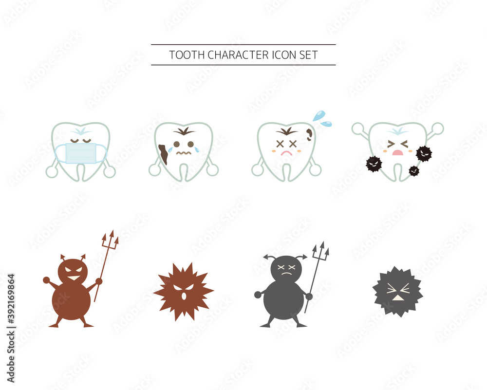 Vector illustration set of tooth characters. Caries. Orthodontics Stock ...