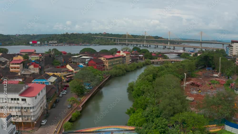 Aerial view of Atal Setu bridge over the Mandovi river, Panjim, Goa ...