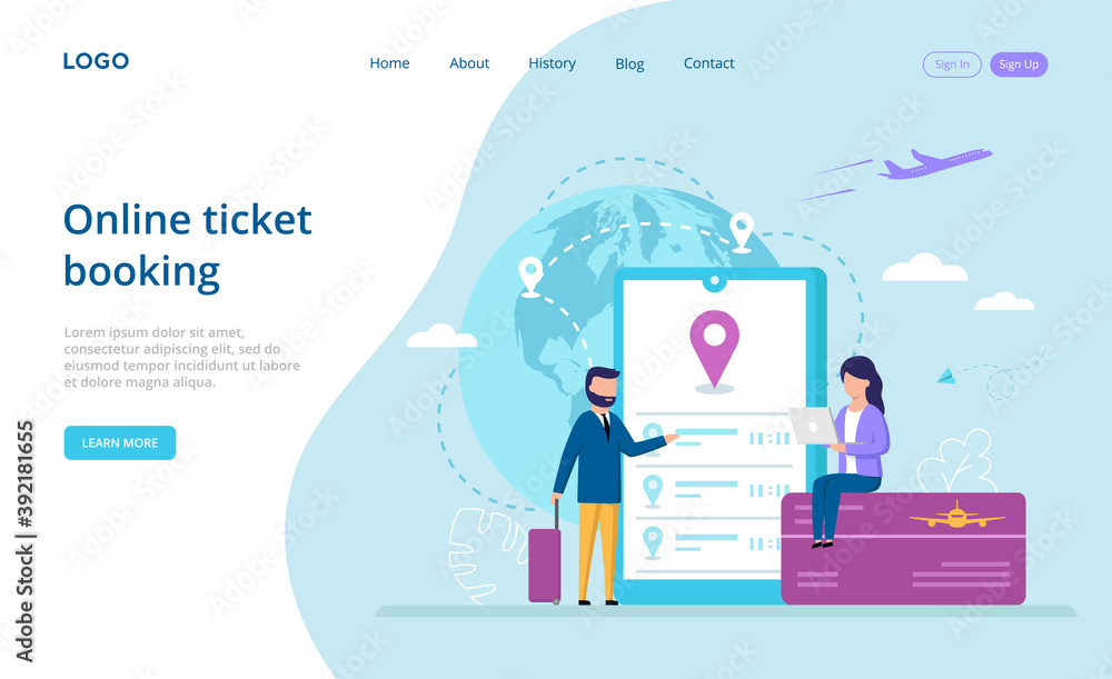 Online Ticket Booking Concept Vector Illustration On Blue And White ...