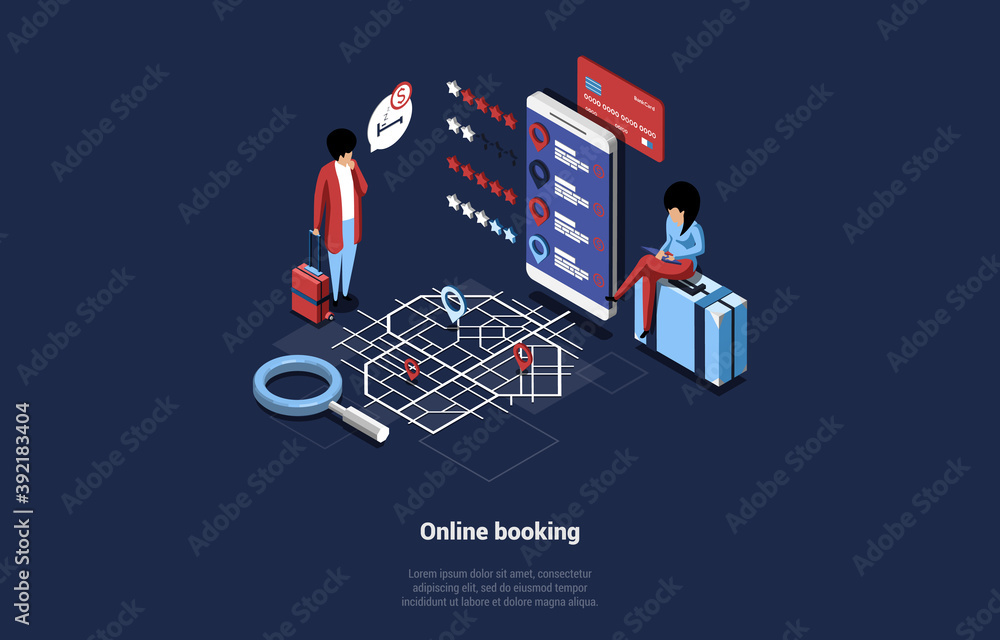 Vector Illustration In Cartoon 3D Style On Dark Background. Isometric ...
