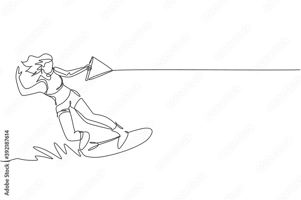 One continuous line drawing of young energetic woman fun play ...