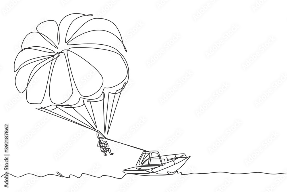 One continuous line drawing of young bravery flying in the sky using ...