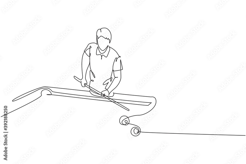 One single line drawing of young handsome man playing pool billiards at ...