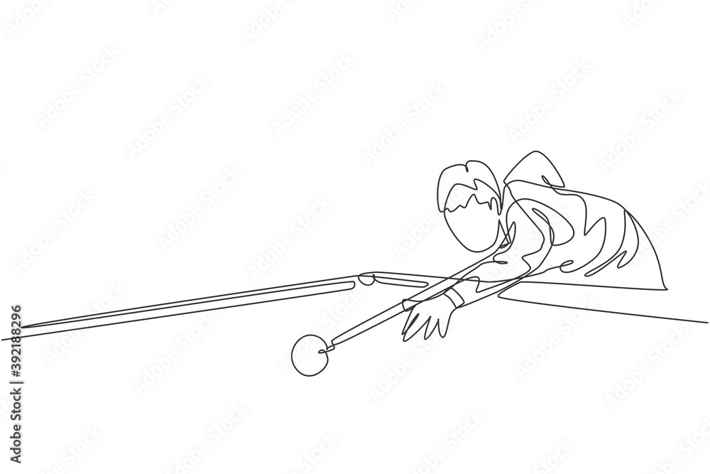 One single line drawing of young handsome man playing pool billiards at ...