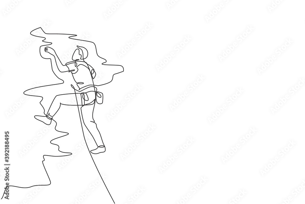 One continuous line drawing of young bravery climber man practice ...