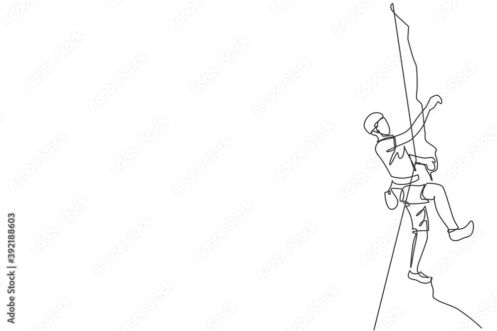 Single continuous line drawing of young muscular rockclimber man ...