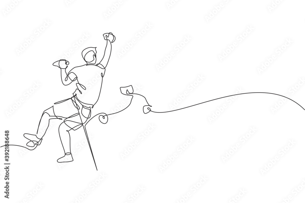 One continuous line drawing of young bravery climber man practice ...