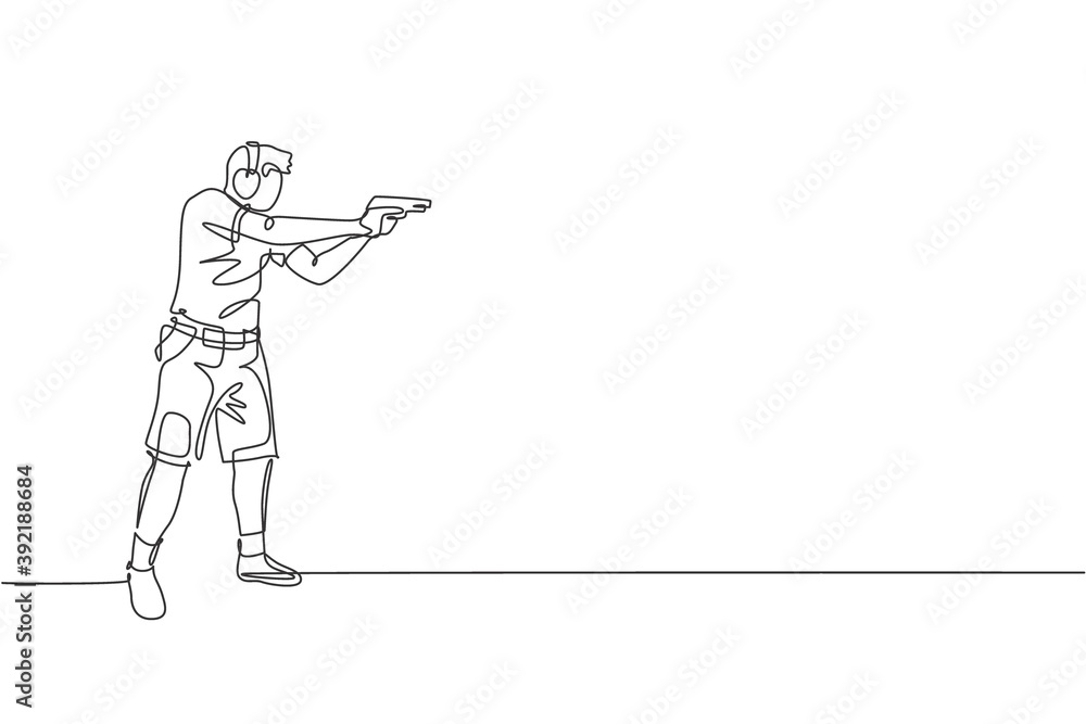 Single continuous line drawing of young athlete man shooter holding gun ...