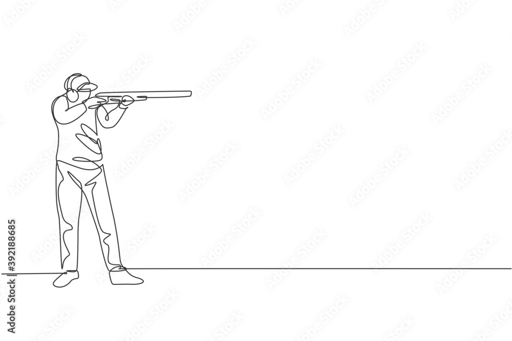 One single line drawing of young man practicing to shot target in range ...