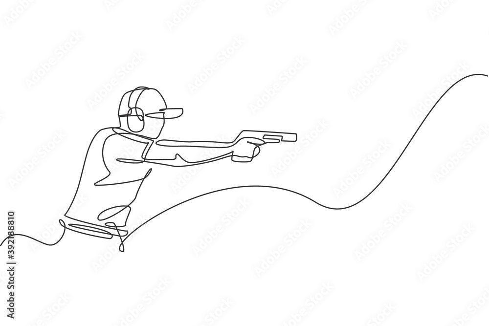 Single continuous line drawing of young athlete man shooter holding gun ...