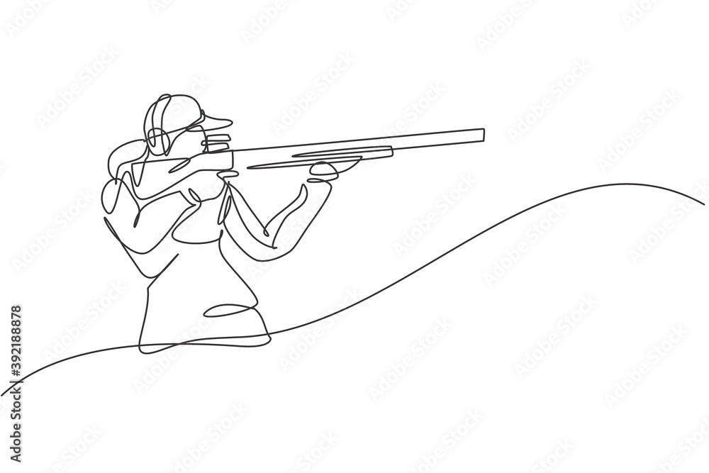Single continuous line drawing of young athlete woman shooter holding ...