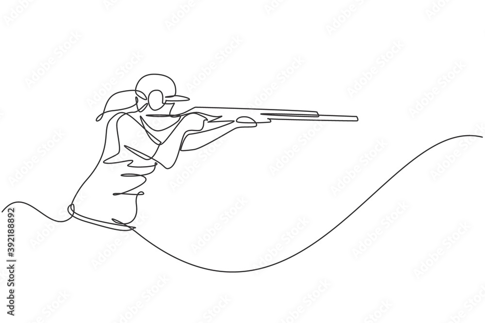 One continuous line drawing young woman on shooting training ground ...