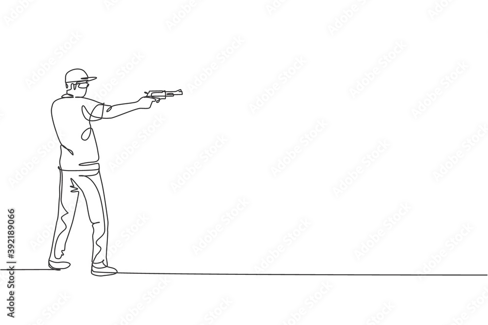 One single line drawing of young man practicing to shot target in range ...