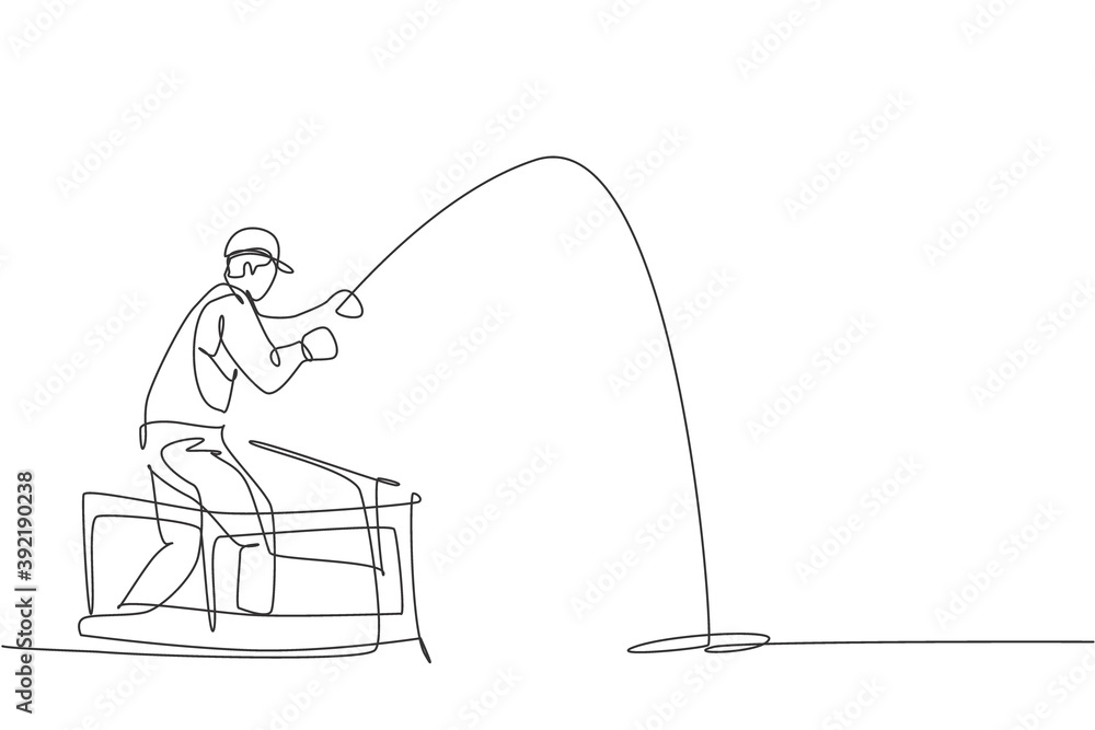 One continuous line drawing of young happy fisherman standing and ...