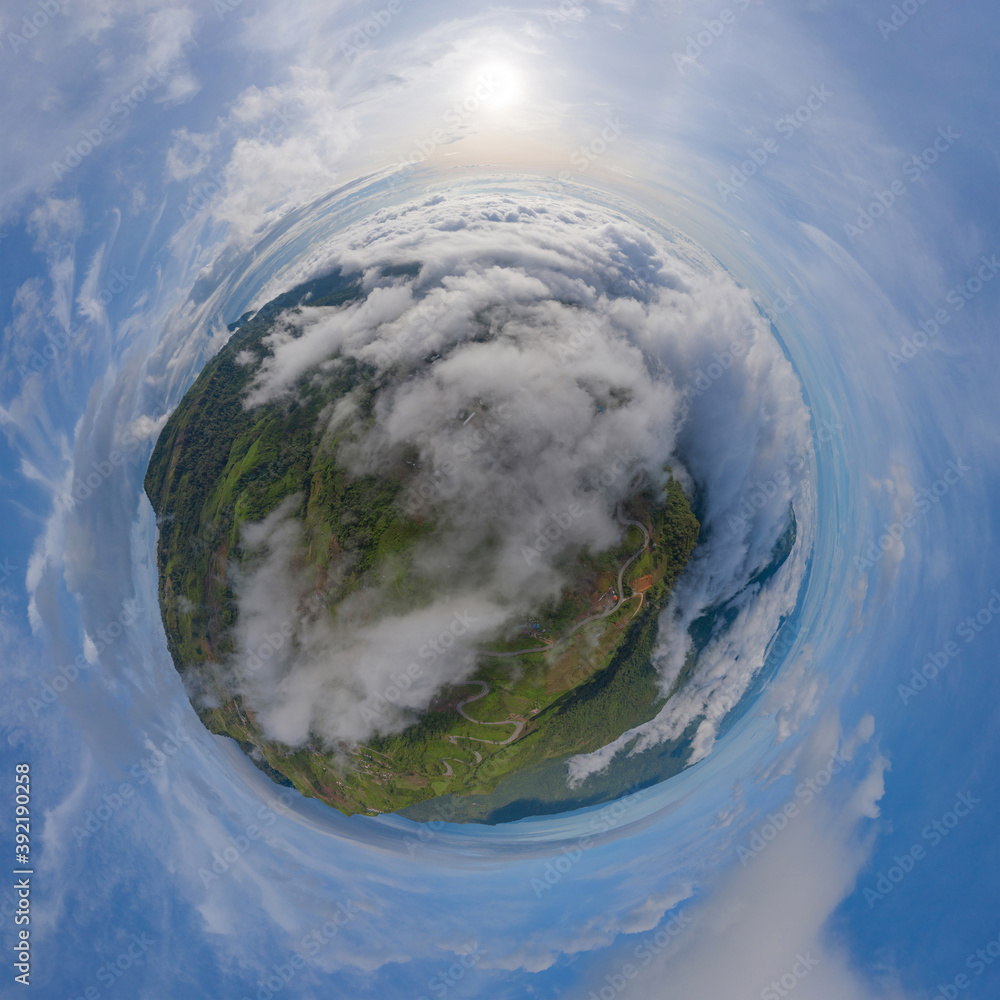 Little planet 360 degree sphere. Panorama of aerial view of sunrise ...