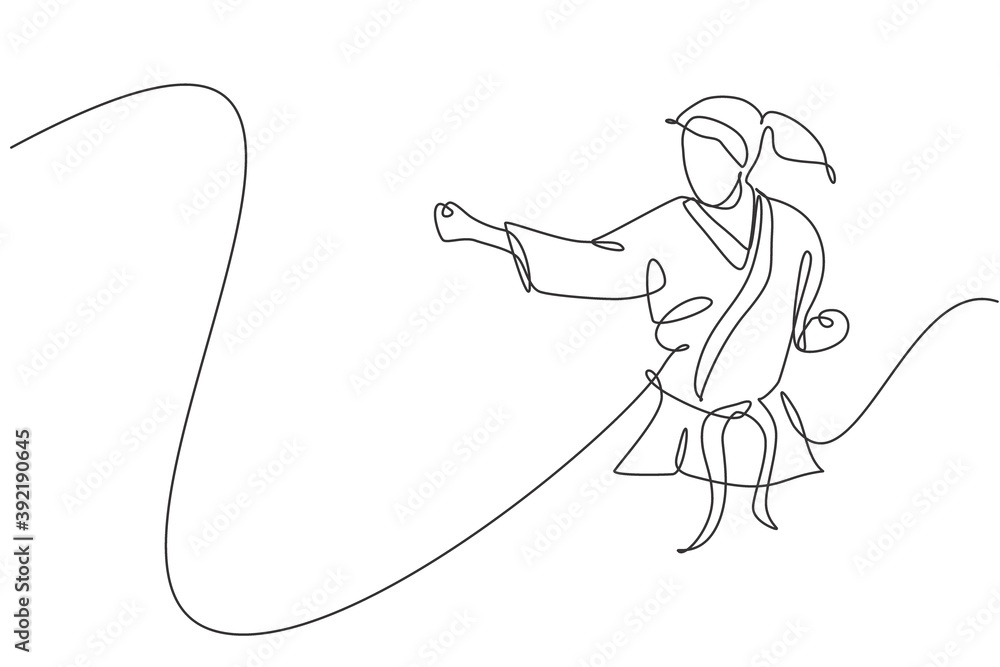 One continuous line drawing of young talented karateka girl train pose ...