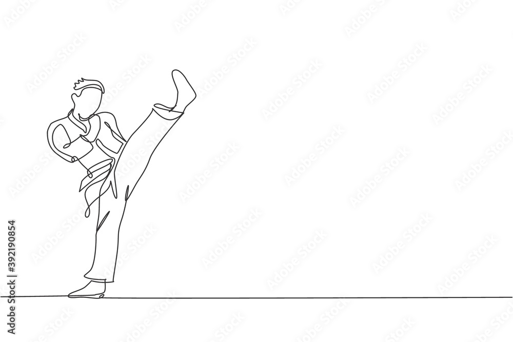 One continuous line drawing of young talented karateka man train pose ...