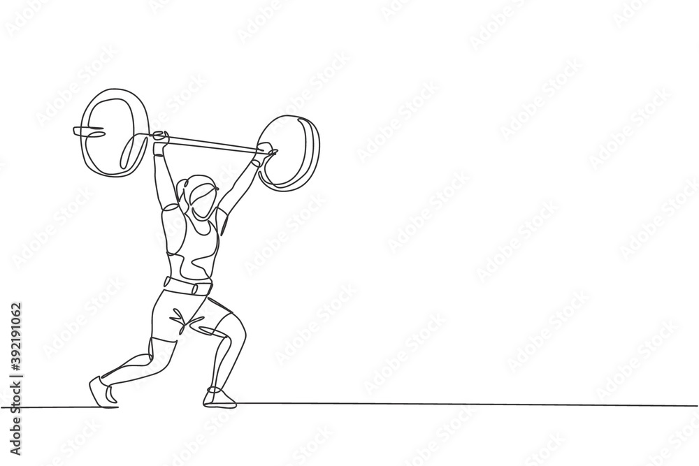 Single continuous line drawing of young strong weightlifter woman ...