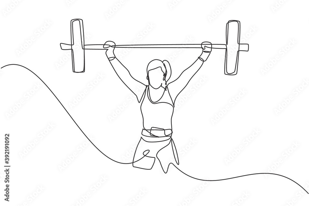 Single continuous line drawing of young strong weightlifter woman ...