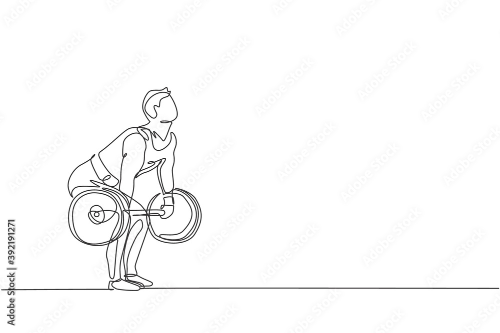 One continuous line drawing of young bodybuilder man doing exercise ...