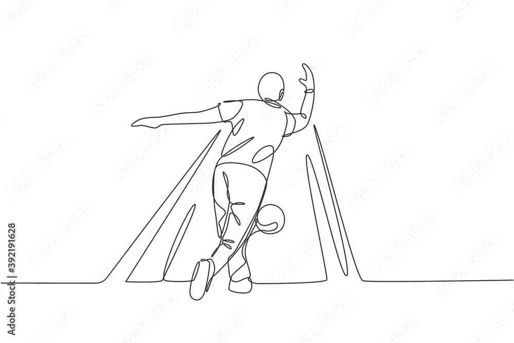 One continuous line drawing of young happy bowling player man throw ...