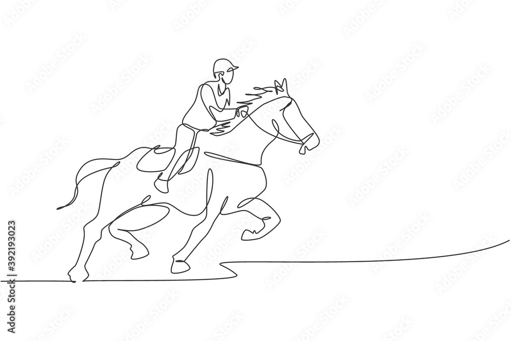 Single continuous line drawing of young professional horseback rider ...