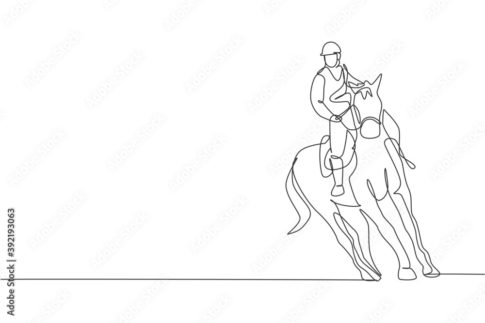 One single line drawing of young horse rider man performing dressage ...
