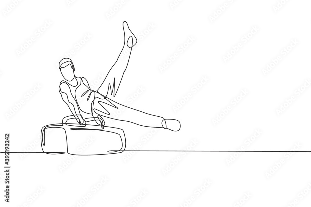 One single line drawing of young handsome gymnast man exercising pommel ...