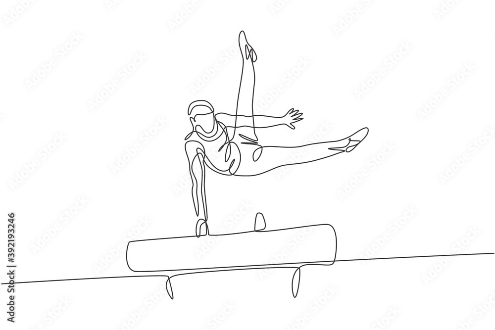 Single continuous line drawing young handsome professional gymnast man ...