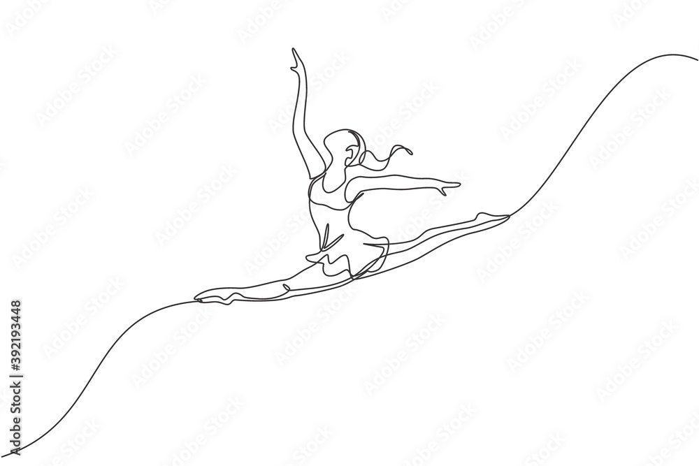 One continuous line drawing of rhythmic motion young beauty gymnast ...