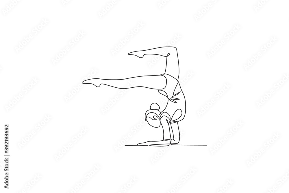 One single line drawing of young beauty gymnast girl exercise floor ...