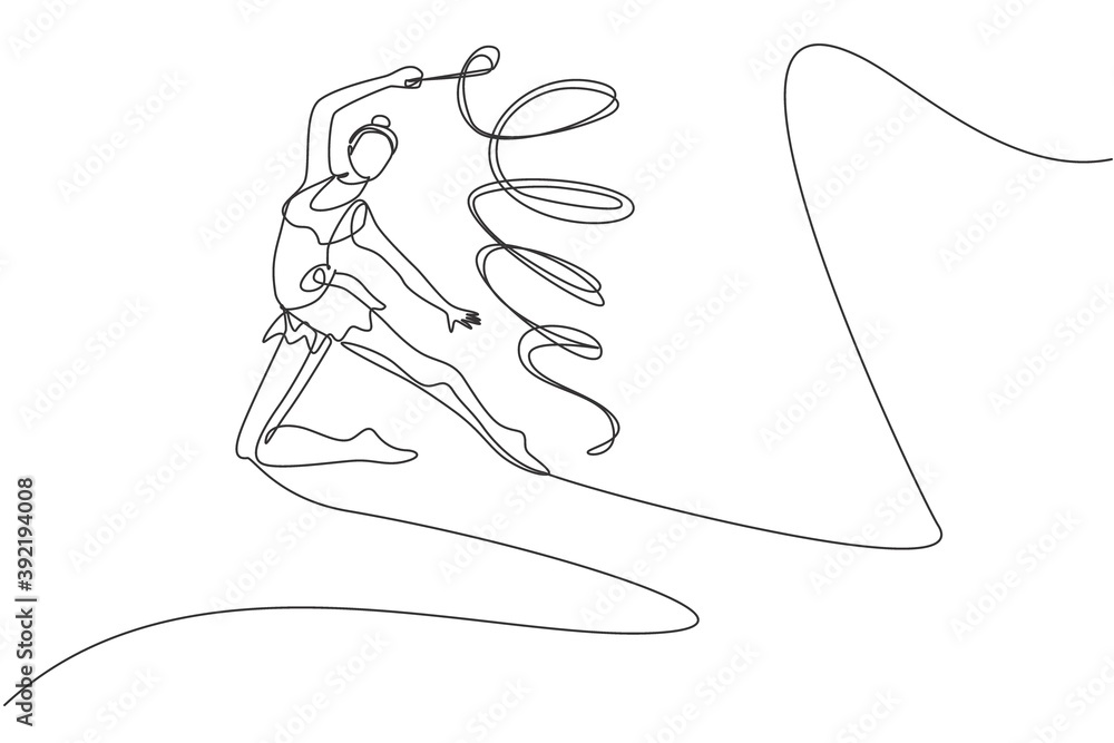 One single line drawing young beauty gymnast girl exercising rhythmic ...