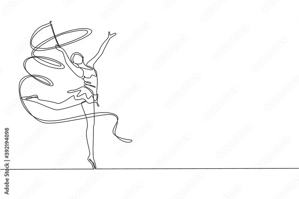 One single line drawing young beauty gymnast girl exercising rhythmic ...