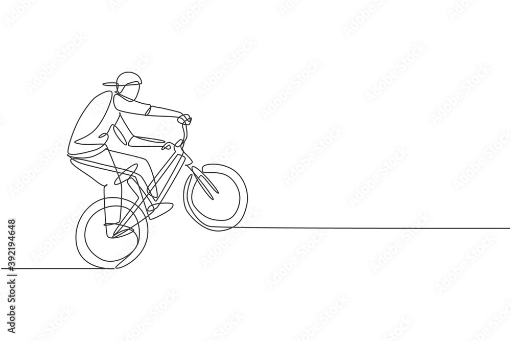 Single continuous line drawing of young BMX cycle rider show extreme ...