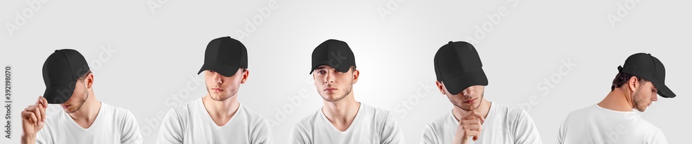 Mockup black baseball cap on a guy's head, front, side view, isolated ...