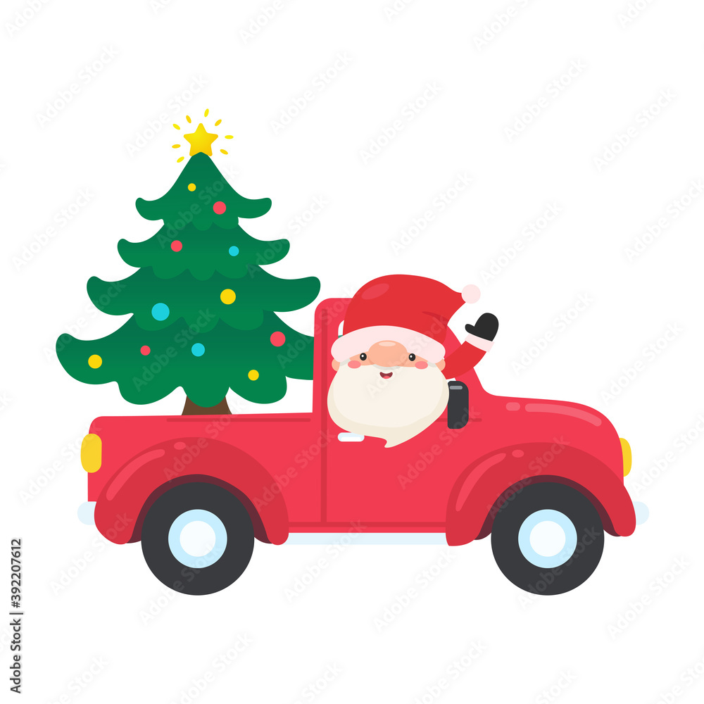 Cartoon Santa drives a red pickup truck to deliver the Christmas tree ...