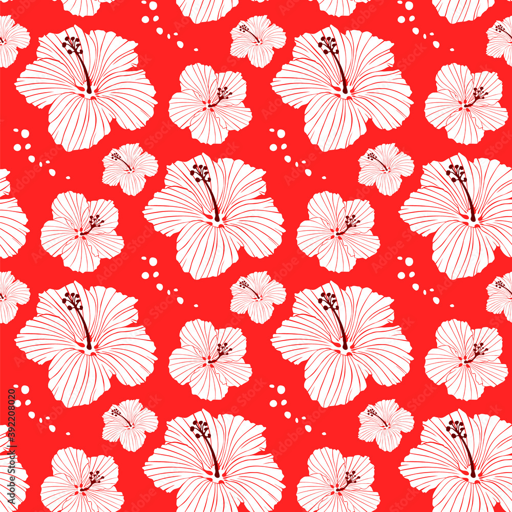 Seamless pattern with hibiscus. Repeating texture with white drawn flowers on a red. Tropical ...