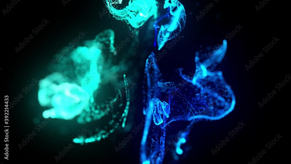 injection of fluorescent blue ink in water in 4k. 3d render of glow ...