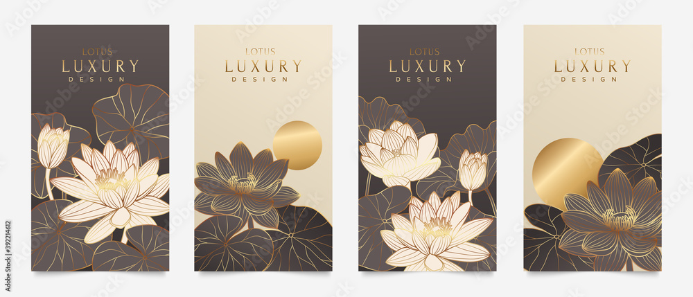 Luxury cover design template. Lotus line arts hand draw gold lotus ...